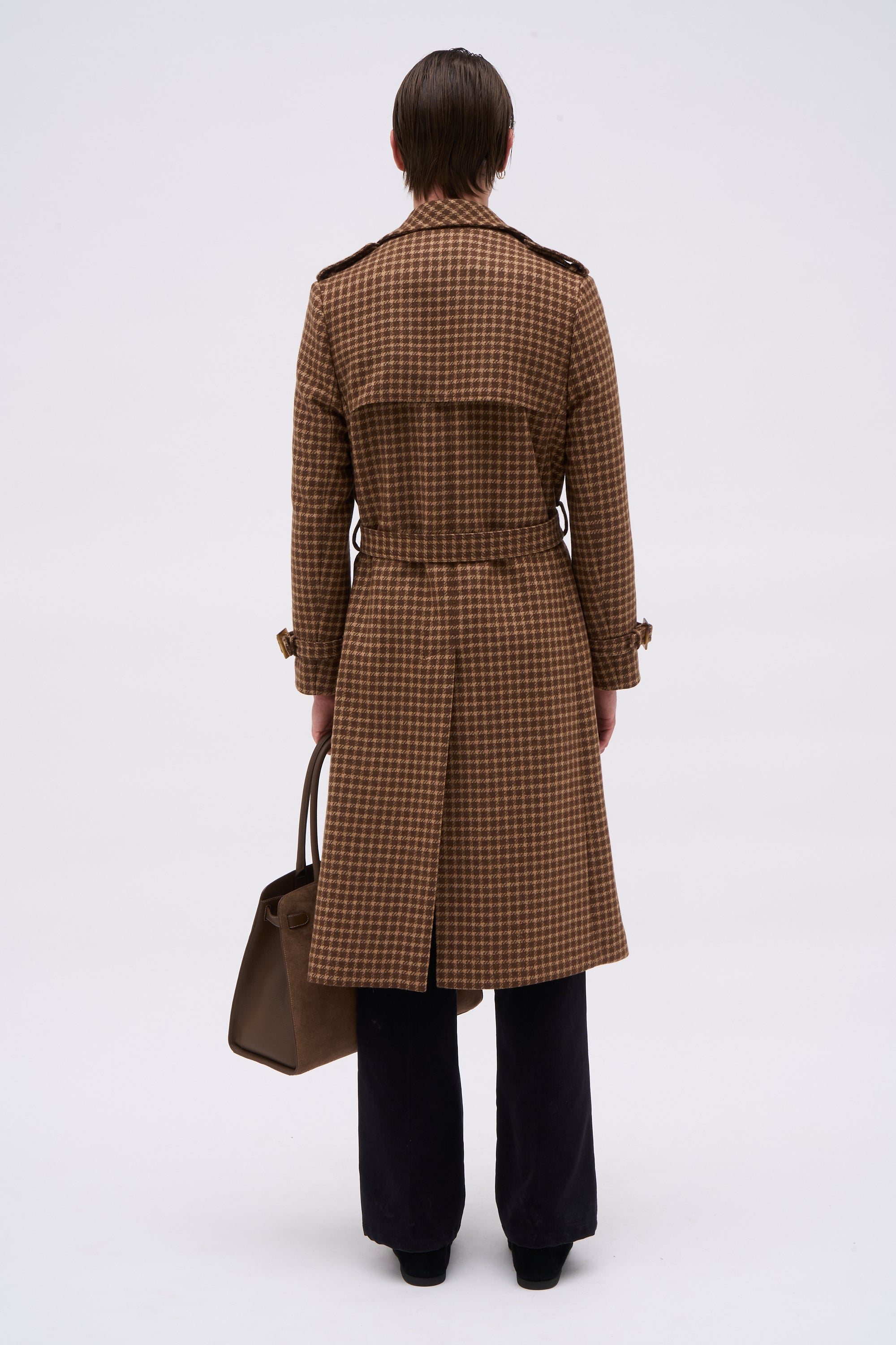 Long trench coat in thick wool with checks