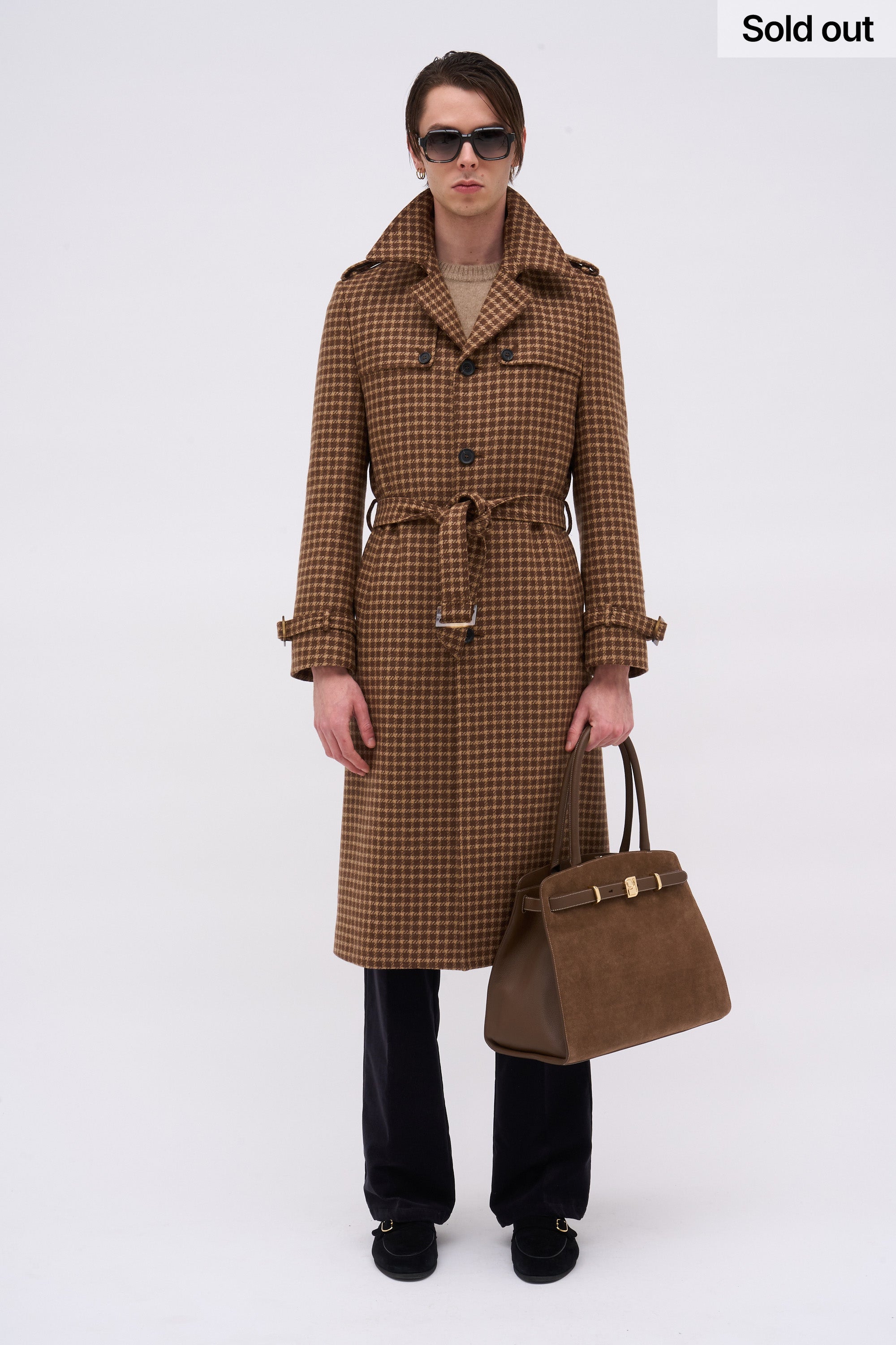 Long trench coat in thick wool with checks
