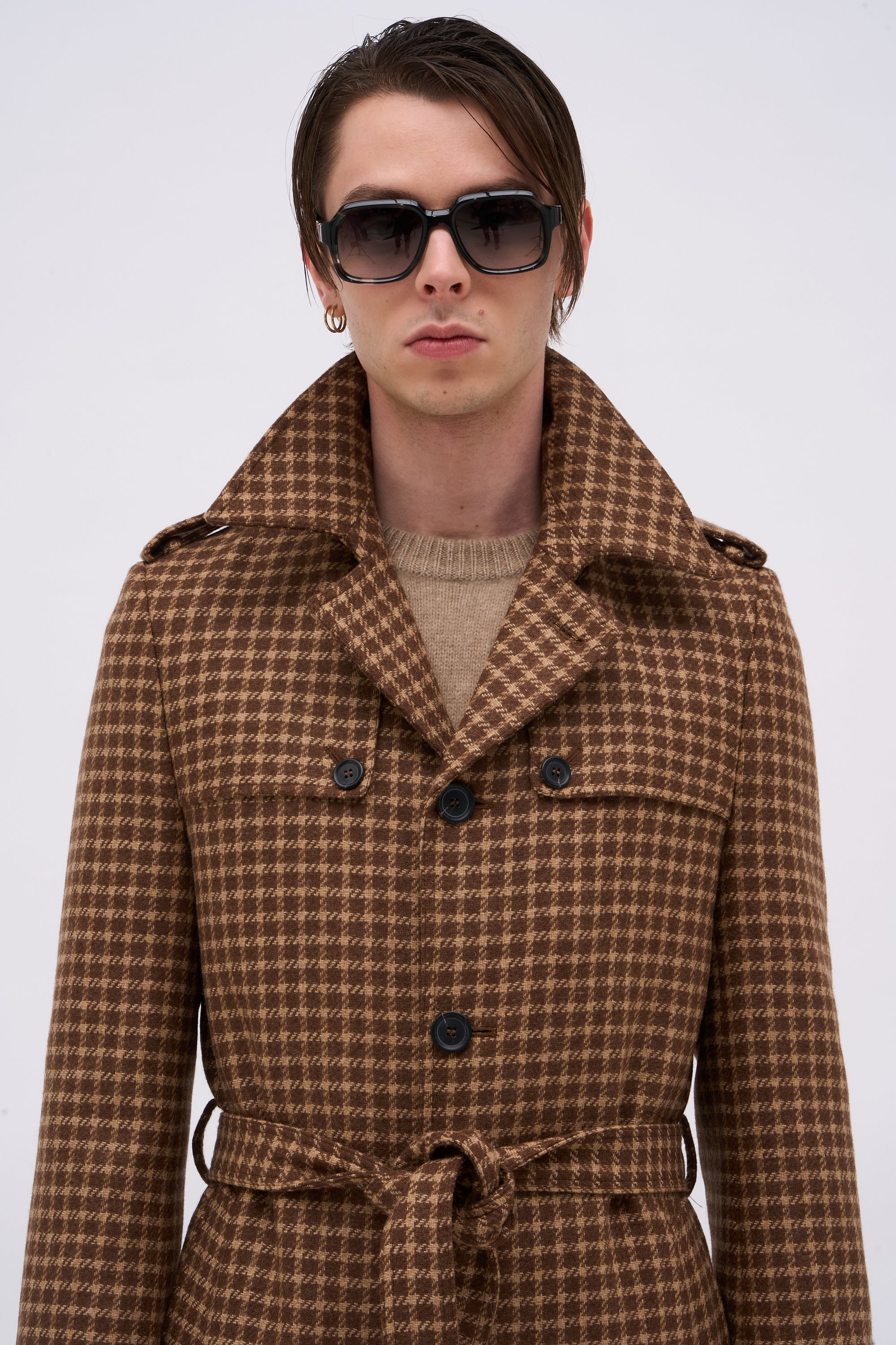 Long trench coat in thick wool with checks